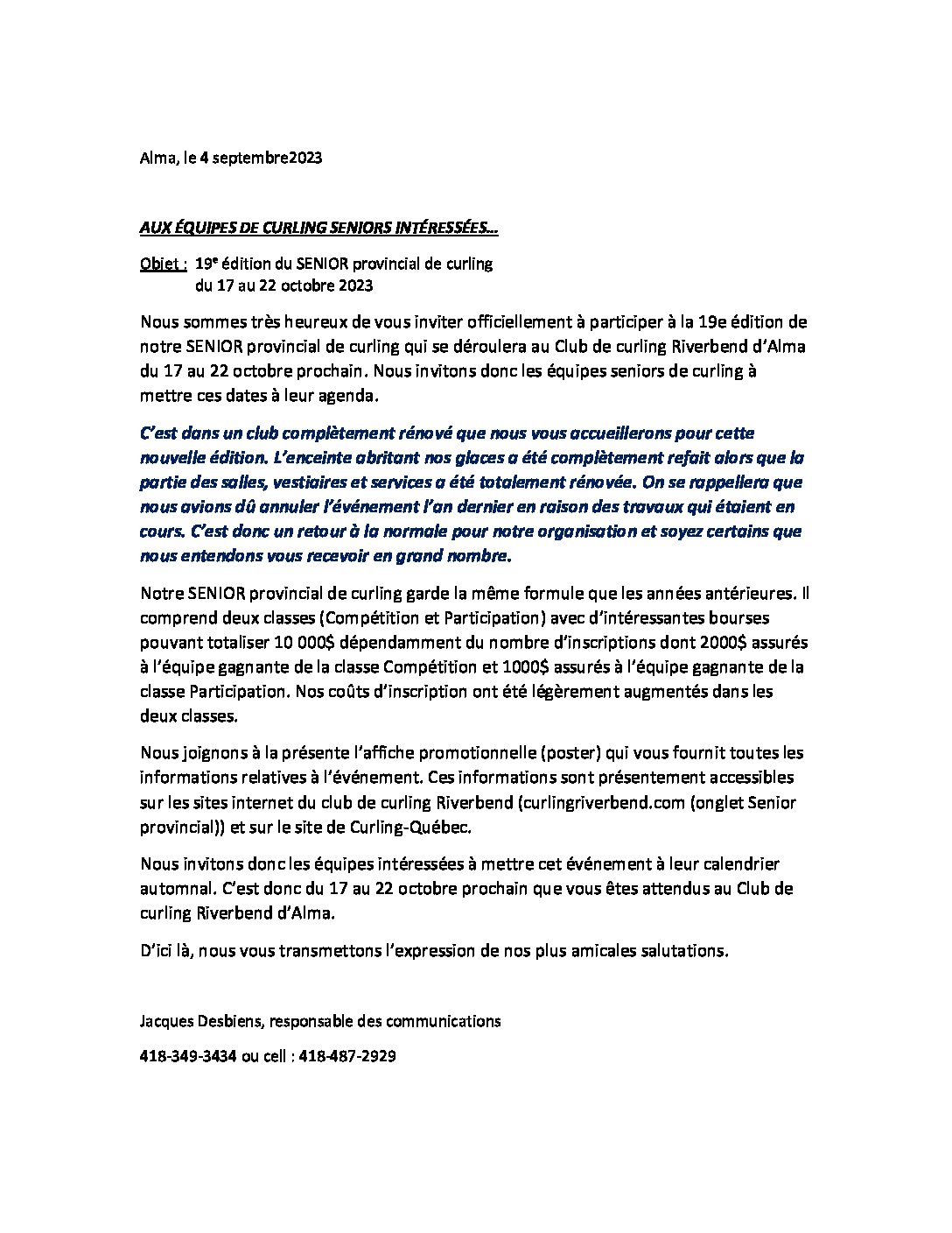 Communique Alma Senior 4 septembre | Curling Québec